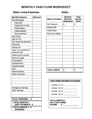 Fillable Online MONTHLY CASH FLOW WORKSHEET Fax Email Print - pdfFiller