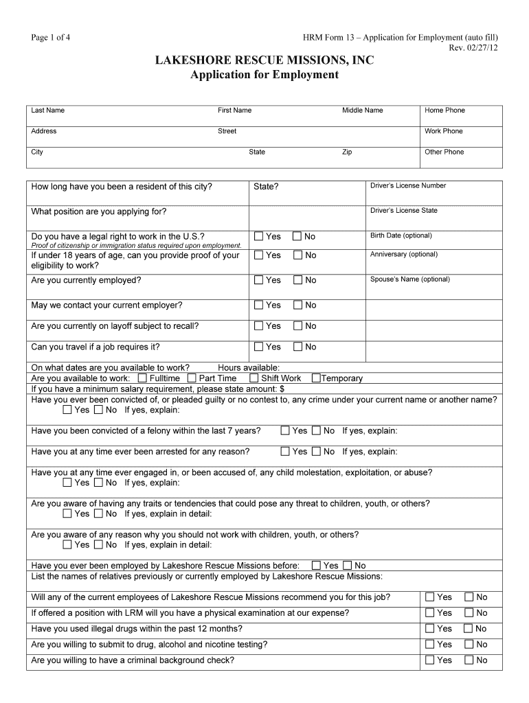 Fillable Online HRM Form 13 Application for Employment (auto fill) Fax ...