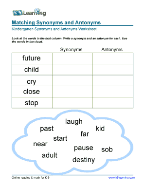 Fillable Online Kindergarten Synonyms and Antonyms Worksheet Fax Email ...