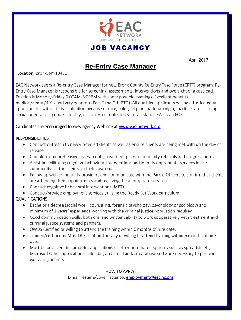 Fillable Online Re-Entry Case Manager Fax Email Print - pdfFiller