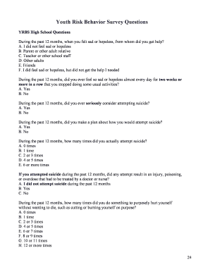 Fillable Online Youth Risk Behavior Survey Questions Fax Email Print ...