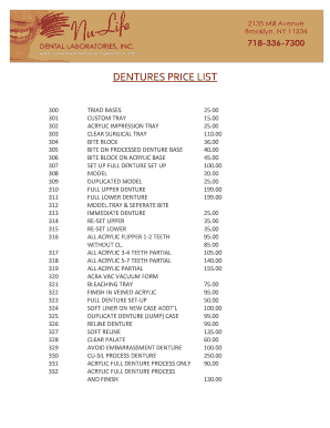Fillable Online DENTURES PRICE LIST Fax Email Print - pdfFiller