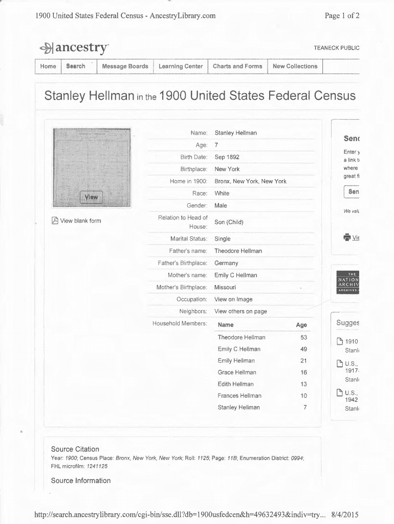 Fillable Online 1900 United States Federal Census- AncestryLibrary Fax ...