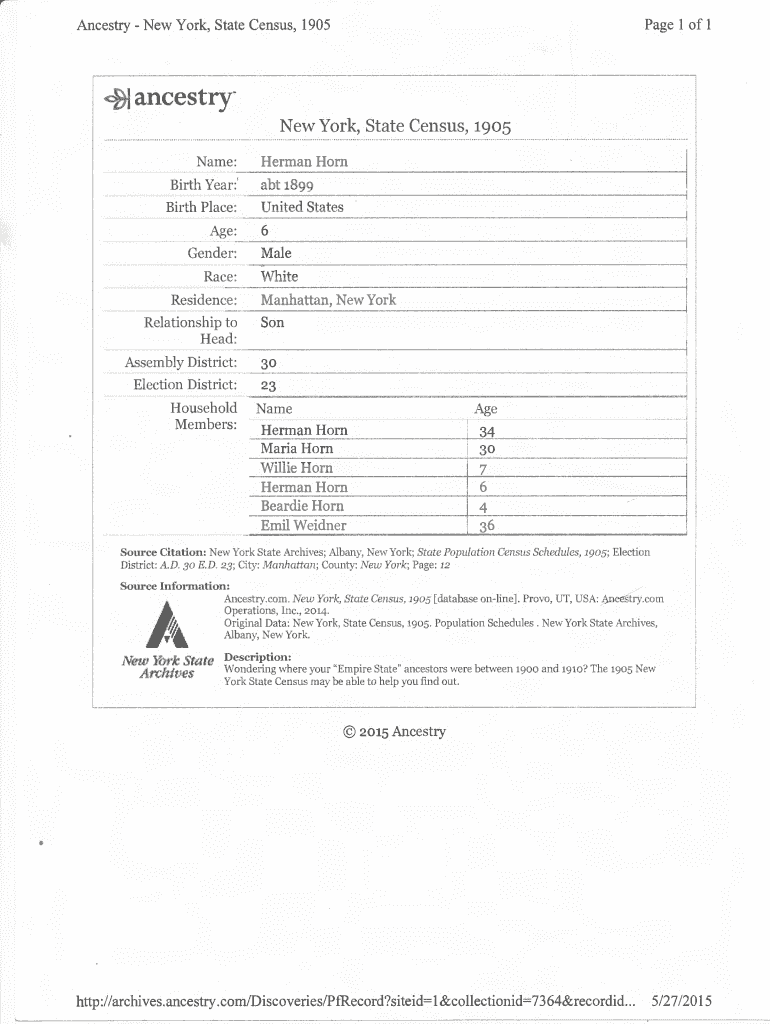 Fillable Online Ancestry -New York, State Census, 1905 Fax Email Print ...