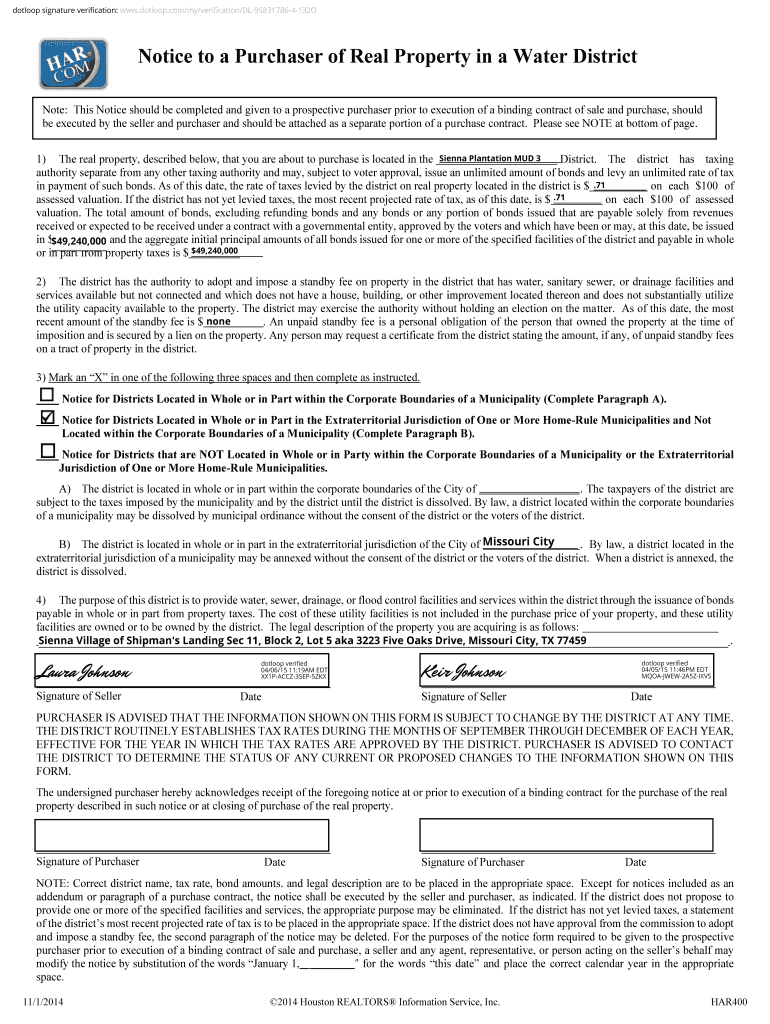 Fillable Online Notice to a Purchaser of Real Property in a Water ...