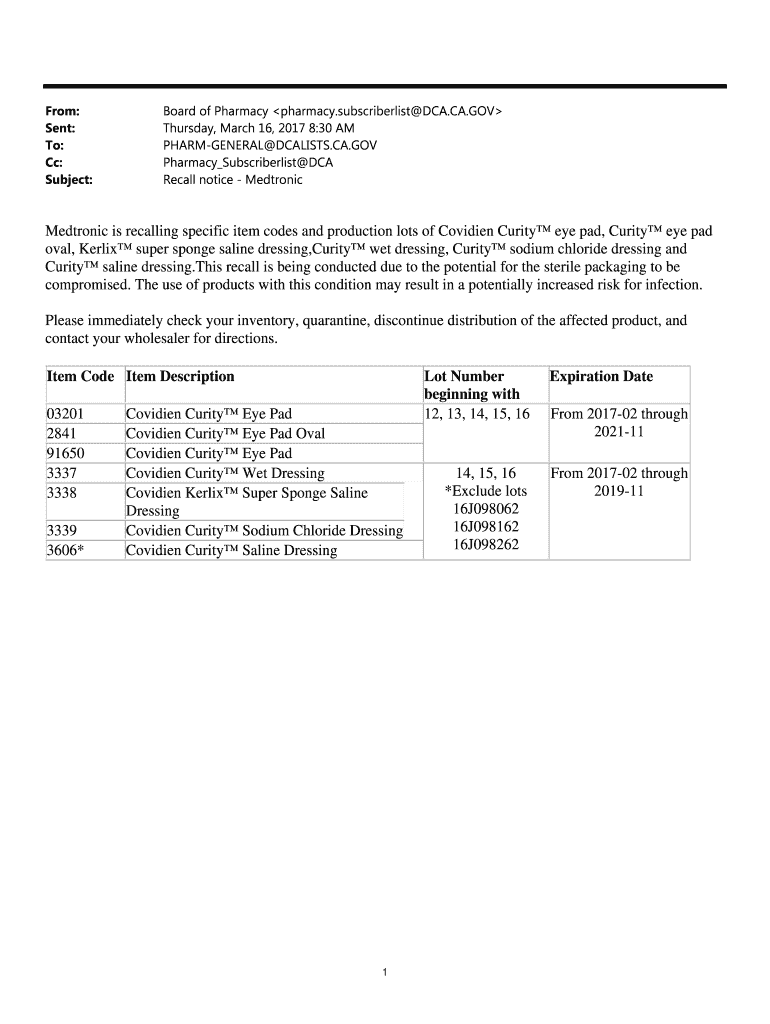 Fillable Online Recall notice - Medtronic Fax Email Print - pdfFiller