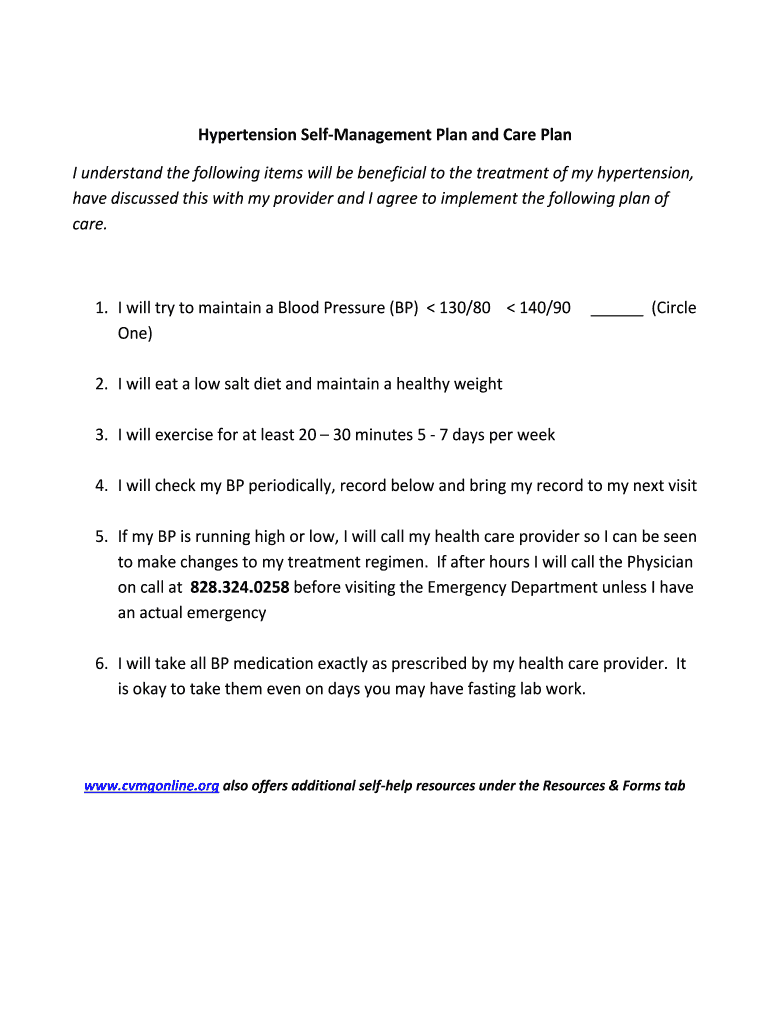 Fillable Online Hypertension Self-Management Plan and Care Plan Fax ...