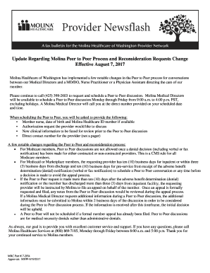 Fillable Online Update Regarding Molina Peer to Peer Process and ...