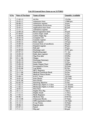 Fillable Online List Of General Store Items as on 31/7/2012 Fax Email ...