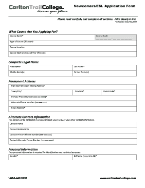 Fillable Online Newcomers/ESL Application Form Fax Email Print - pdfFiller