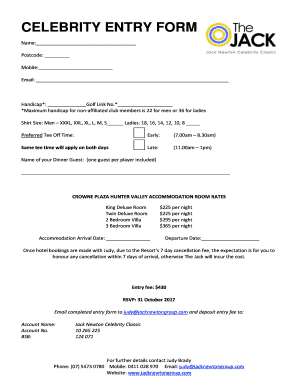 Fillable Online CELEBRITY ENTRY FORM Fax Email Print - pdfFiller