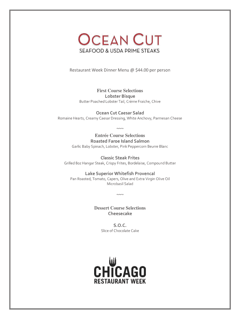 Fillable Online Restaurant Week Dinner Menu $44 Fax Email Print - pdfFiller