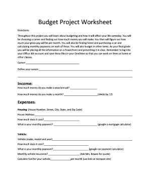 Fillable Online Throughout this project you will learn about budgeting ...
