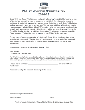 Fillable Online PTA LIFE MEMBERSHIP NOMINATION FORM Fax Email Print ...