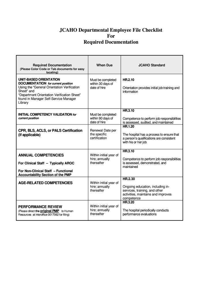 Fillable Online JCAHO Departmental Employee File Checklist Fax Email ...