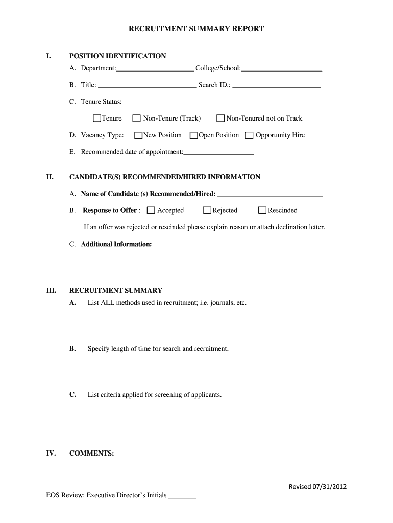 Fillable Online RECRUITMENT SUMMARY REPORT Fax Email Print - pdfFiller