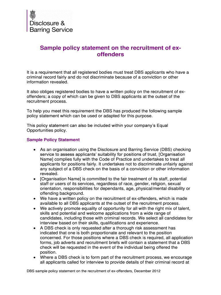 Fillable Online Sample policy statement on the recruitment of exoffenders Fax Email Print ...