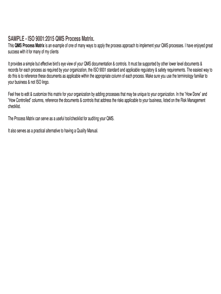 Fillable Online SAMPLE - ISO 9001:2015 QMS Process Matrix Fax Email ...
