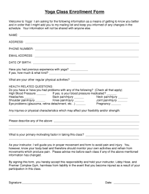 Fillable Online Yoga Class Enrollment Form Fax Email Print - pdfFiller