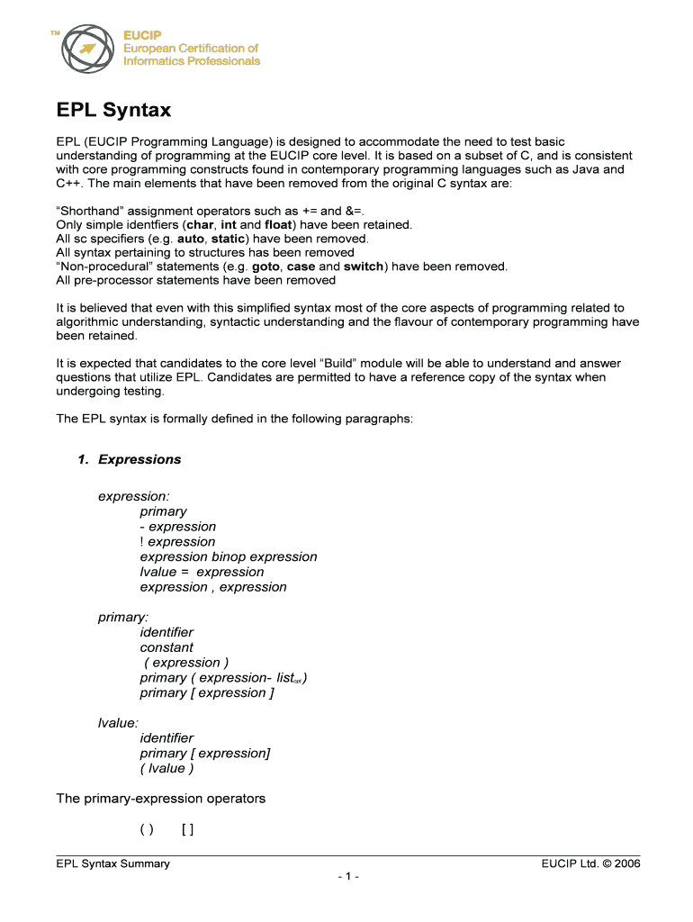 Fillable Online EPL (EUCIP Programming Language) is designed to ...
