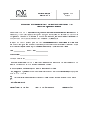 Fillable Online PERMANENT GATE PASS CONTRACT FOR THE 2017-2018 SCHOOL ...