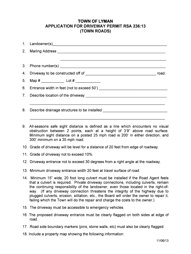 Fillable Online APPLICATION FOR DRIVEWAY PERMIT RSA 236:13 Fax Email ...