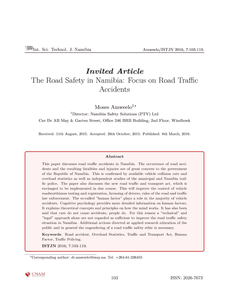 Fillable Online The Road Safety in Namibia: Focus on Road Traffic Fax ...