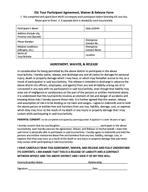 Fillable Online ESL Tour Participant Agreement, Waiver & Release Form ...