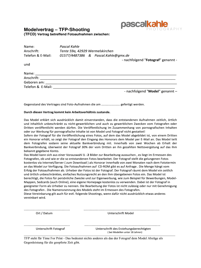 Fillable Online Modelvertrag TFP-Shooting Fax Email Print - pdfFiller