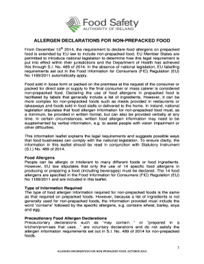 Fillable Online ALLERGEN DECLARATIONS FOR NON-PREPACKED FOOD Fax Email ...