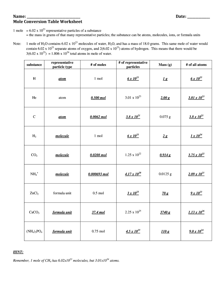 Mole Conversion - Fill Online, Printable, Fillable, Blank | pdfFiller
