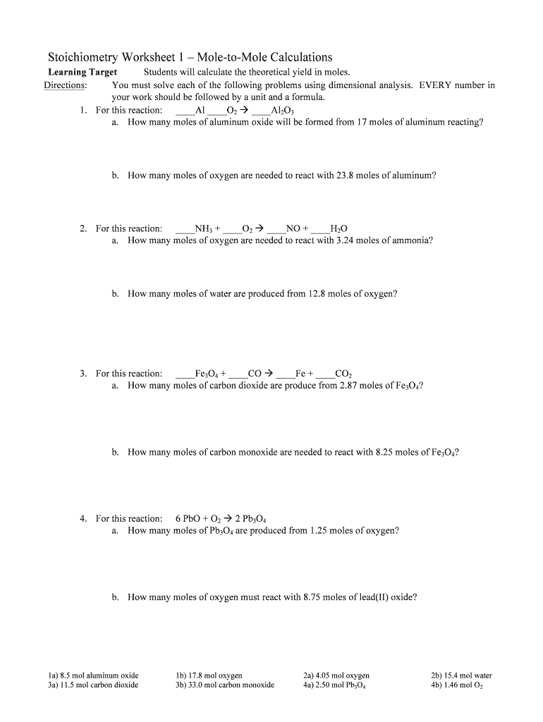 Fillable Online Stoichiometry Worksheet 1 Mole to Mole Calculations Fax fillable-online-stoichiometry-worksheet-1-mole-to-mole-calculations-fax