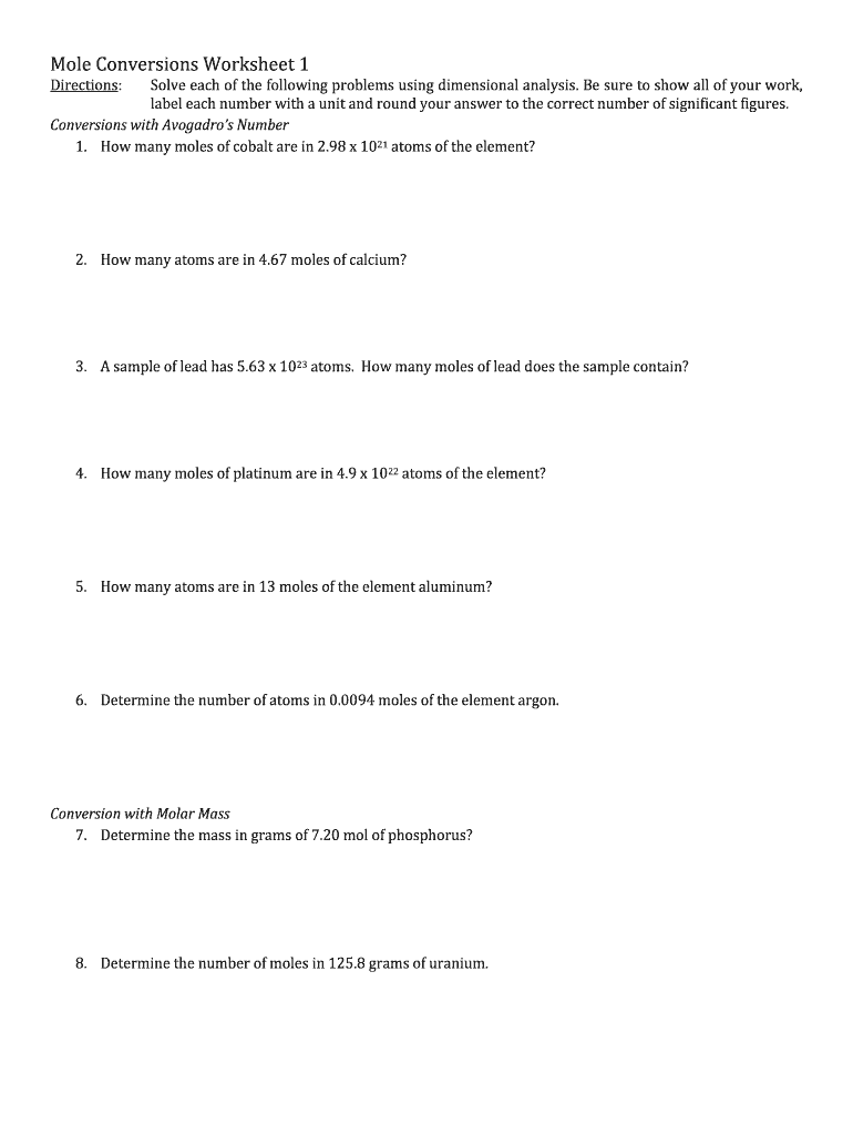 Fillable Online Mole Conversions Worksheet 1 Fax Email Print - pdfFiller