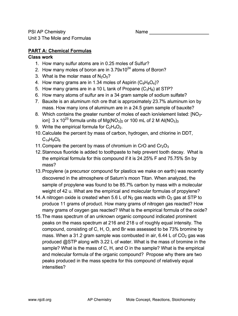 Fillable Online Unit 3 The Mole and Formulas Fax Email Print - pdfFiller