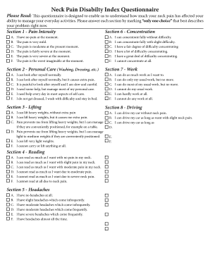 Fillable Online Neck Pain Disabilty Index Questionnaire Fax Email Print ...