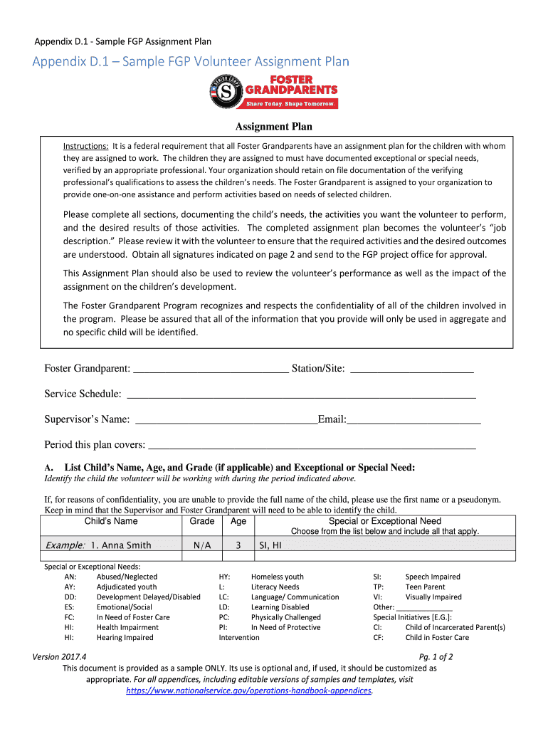 Fillable Online 1 Sample FGP Volunteer Assignment Plan Fax Email Print ...