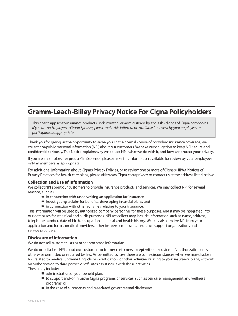 Fillable Online Gramm-Leach-Bliley Privacy Notice For Cigna ...