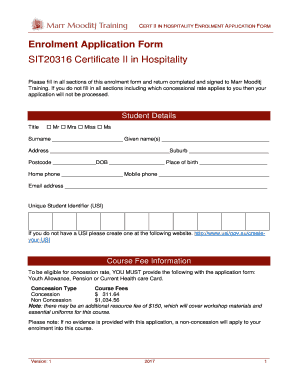Fillable Online CERT II IN HOSPITALITY ENROLMENT APPLICATION FORM Fax ...