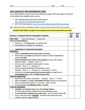 Fillable Online APA CHECKLIST FOR REFERENCES PAGE Fax Email Print ...
