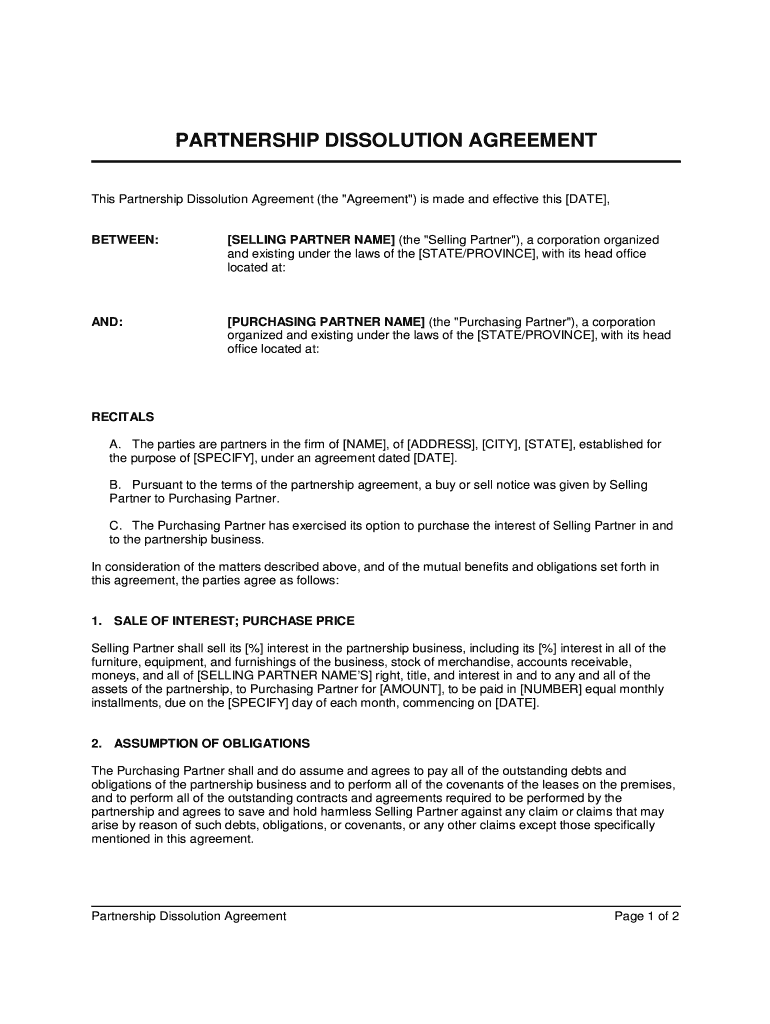 Fillable Online This Partnership Dissolution Agreement (the "Agreement") is made and effective ...