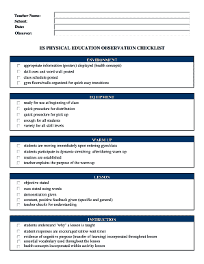 Fillable Online ES PHYSICAL EDUCATION OBSERVATION CHECKLIST Fax Email ...
