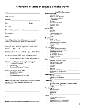 Fillable Online Rivercity Pilates Massage Intake Form Fax Email Print ...