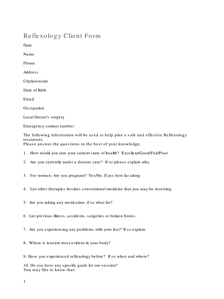 Fillable Online Reflexology Client Form Fax Email Print - pdfFiller