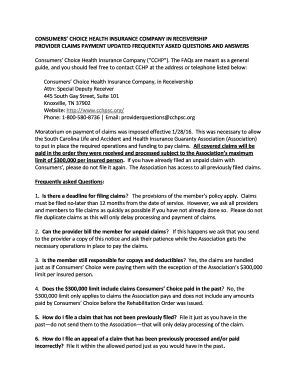 Fillable Online CONSUMERS CHOICE HEALTH INSURANCE COMPANY IN ...