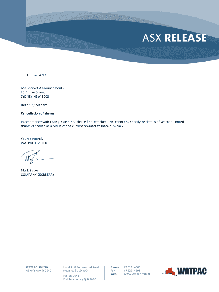 Fillable Online 8A, please find attached ASIC Form 484 specifying ...