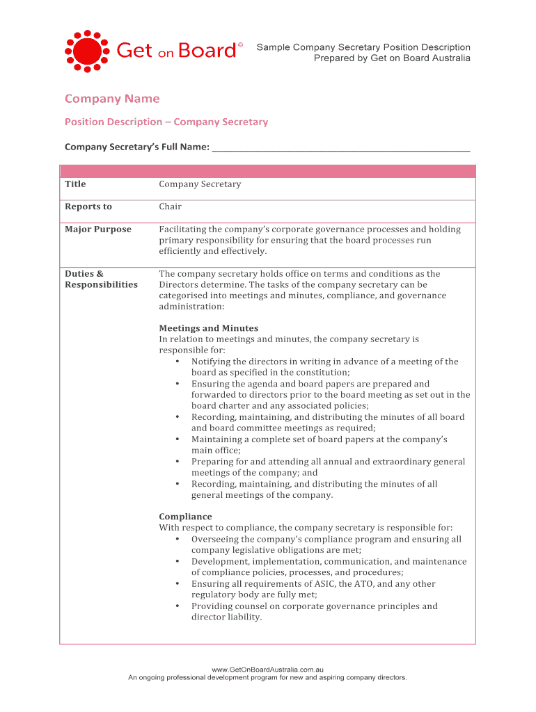 Fillable Online Sample Company Secretary Position Description Fax Email ...