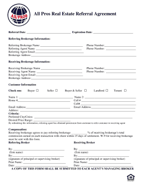 Fillable Online All Pros Real Estate Referral Agreement Fax Email Print ...