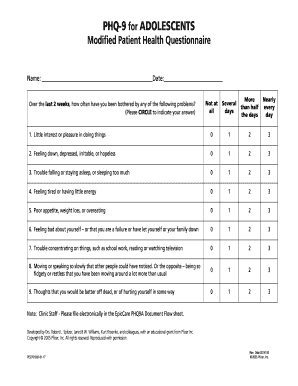Fillable Online PHQ-9 for ADOLESCENTS Fax Email Print - pdfFiller