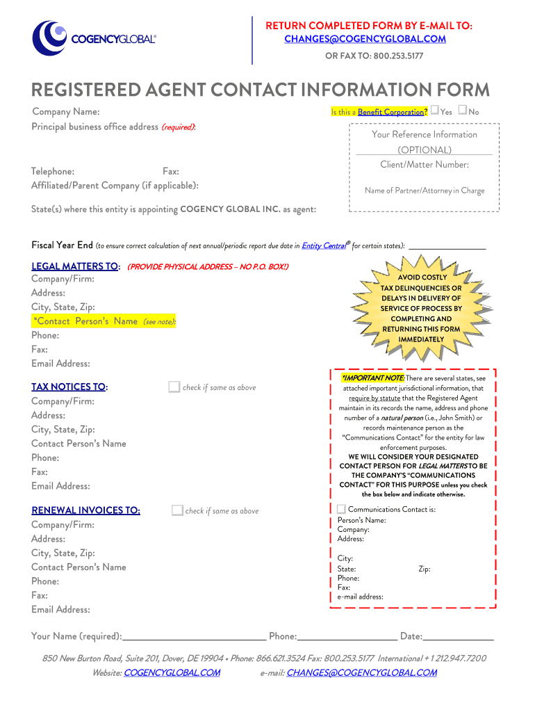 Fillable Online Change Registered Agent, Change of Agent Form ...