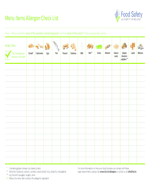 Fillable Online Menu Items Allergen Check List Fax Email Print - pdfFiller